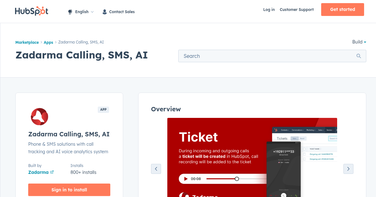 Zadarma Calling, SMS, AI - App for HubSpot